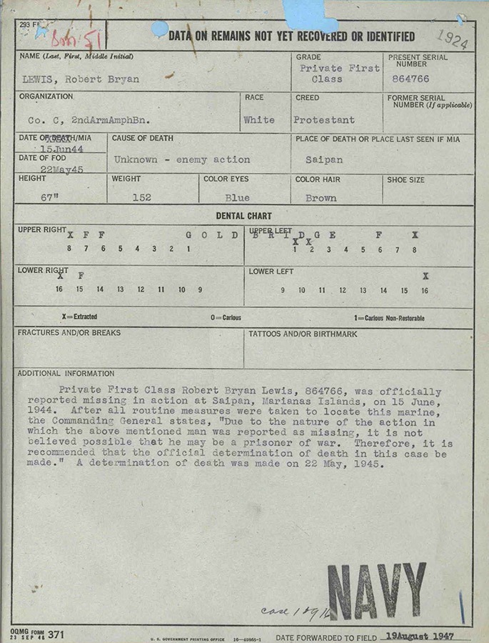 Robert B. Lewis - Unaccounted For - Missing Marines